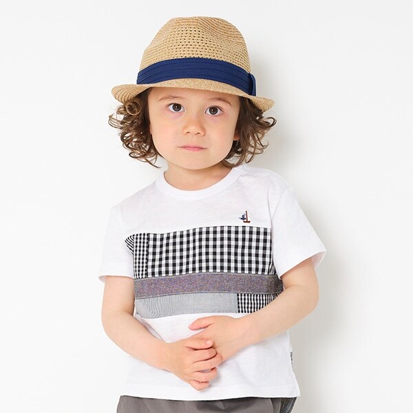 胸パッチワーク半袖Tシャツ(90 オフ ホワイト): キッズ 胸パッチワーク半袖Tシャツ(90 オフ ホワイト): キッズ